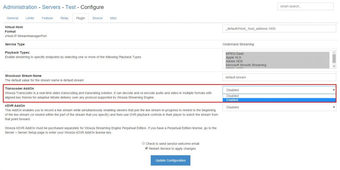 Wowza Transcoder - Media Control Panel