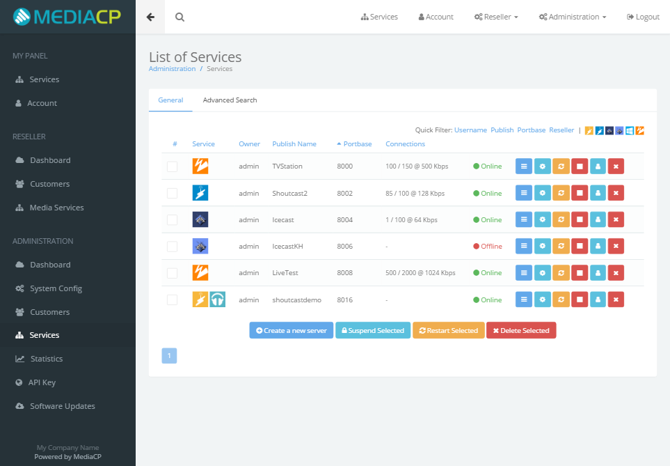 Shoutcast, Icecast, Wowza Streaming Engine Control Panel - MediaCP