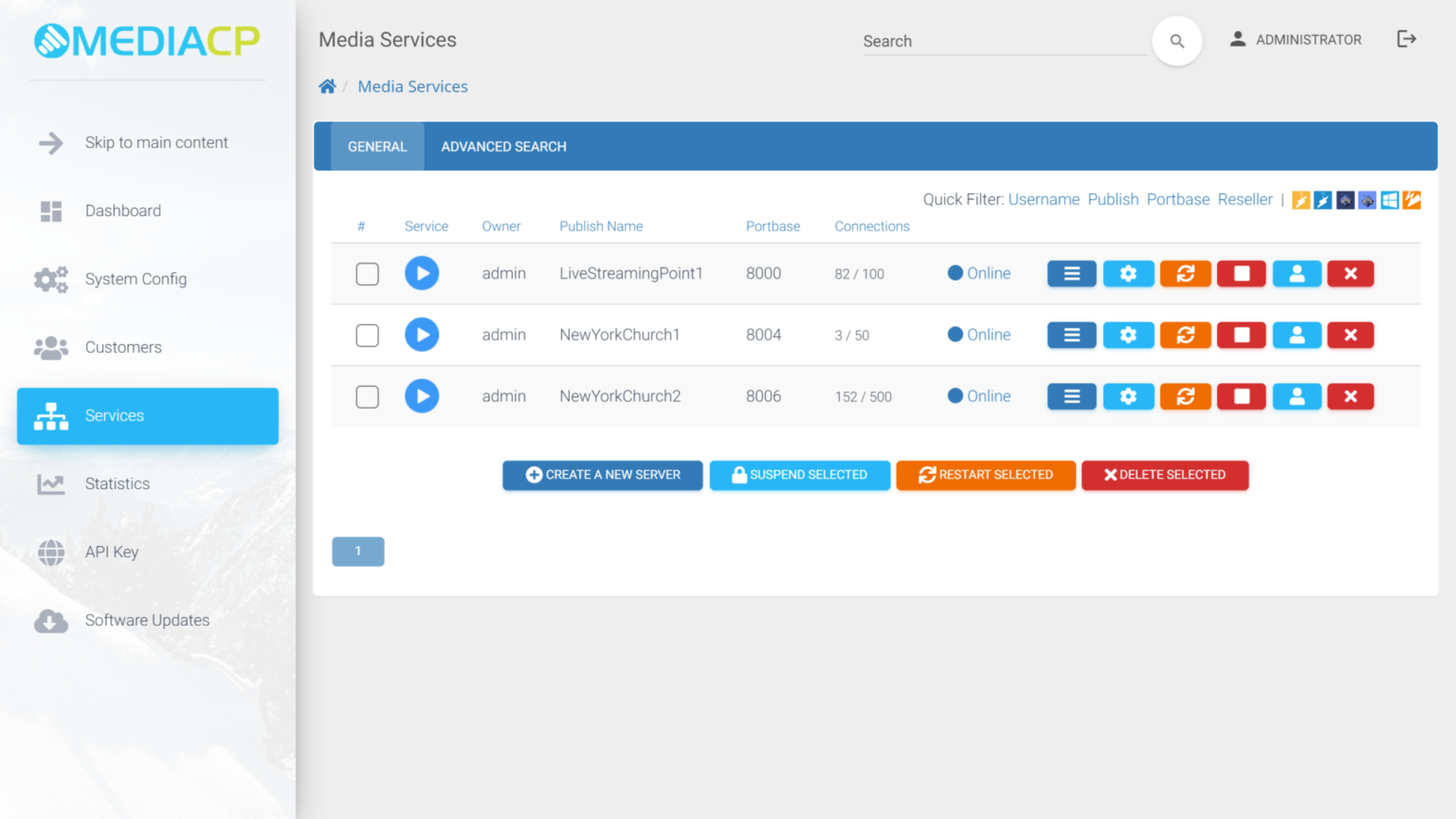 Shoutcast, Icecast, Wowza Streaming Engine Control Panel - MediaCP